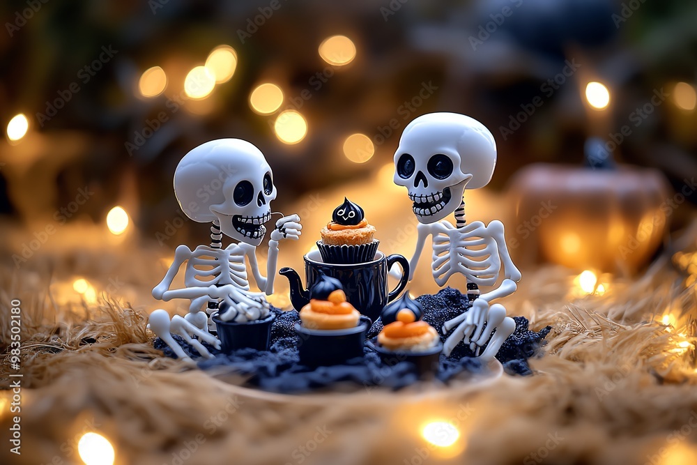 Spoopy skeletons having a tea party, with tiny cups and spooky desserts Stock Illustration ...