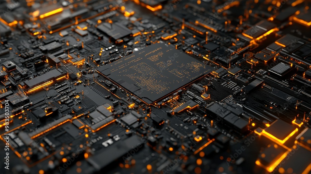 3D rendering of cyberpunk AI featuring intricate circuit board design, showcasing central ...