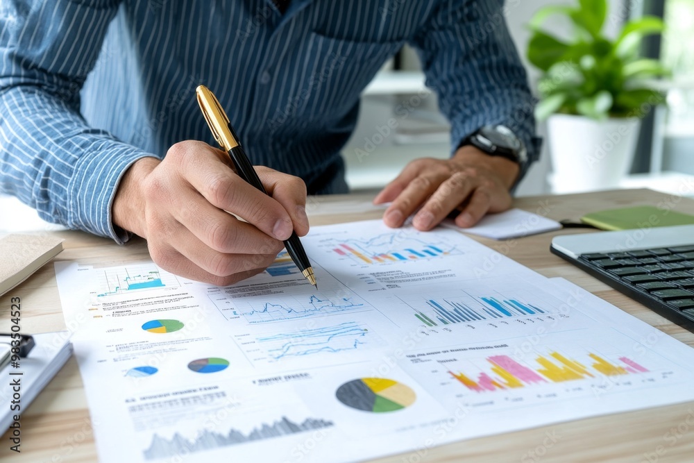 Buyer reviewing a business proposal, with charts, financial statements ...