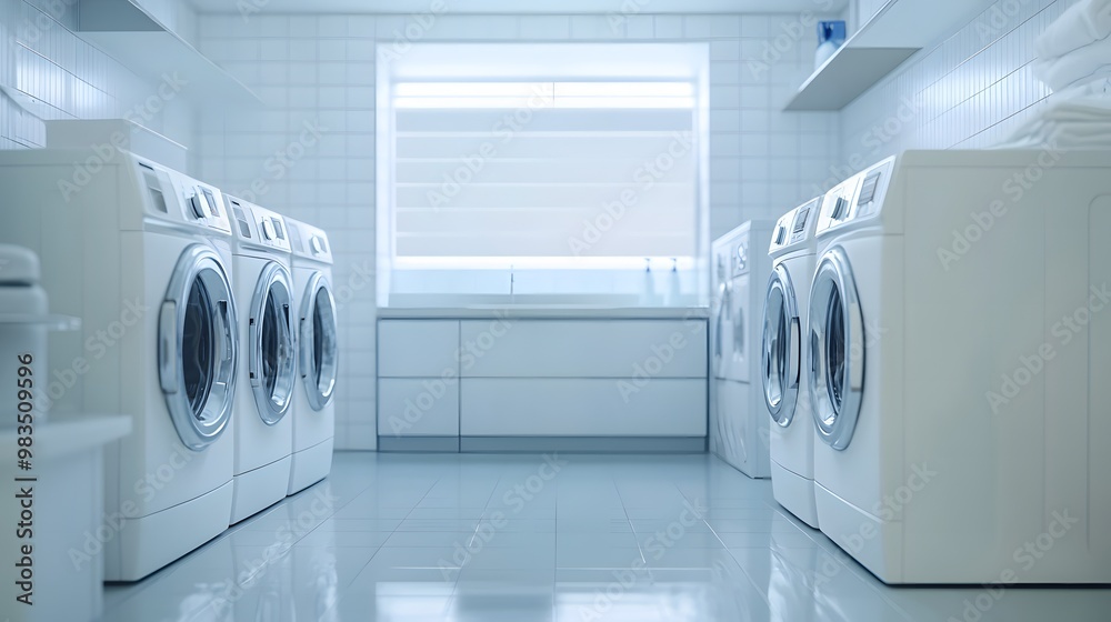 washing machines in a clean utility laundry room or washing service ...