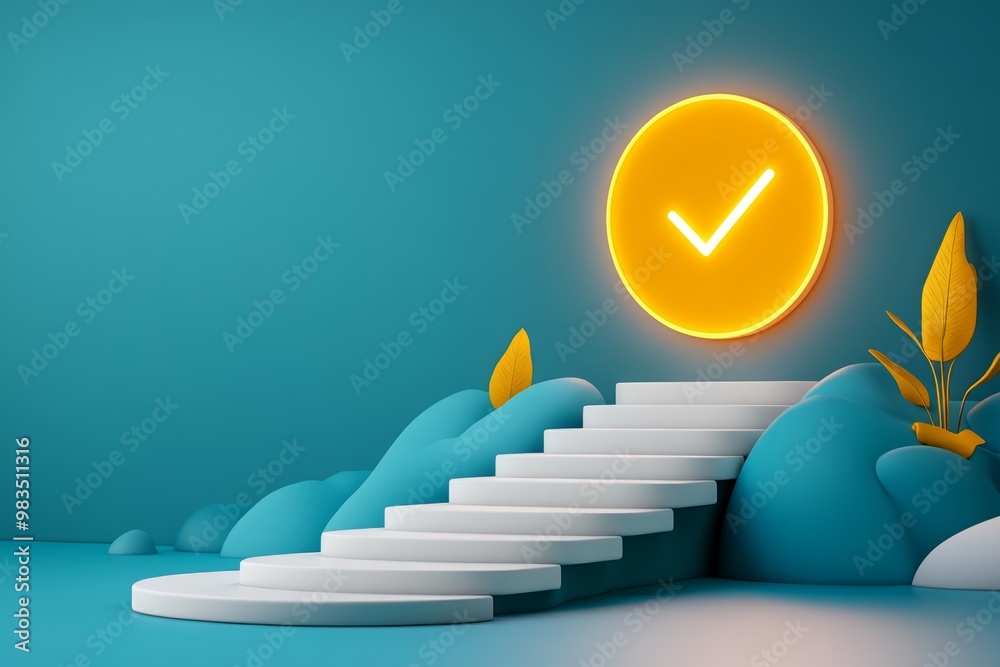 Minimalist pathway to success, with steps leading to a glowing target ...