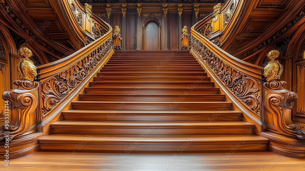 Grand wooden staircase with intricate carvings and golden accents, set in a vintage mansion ...