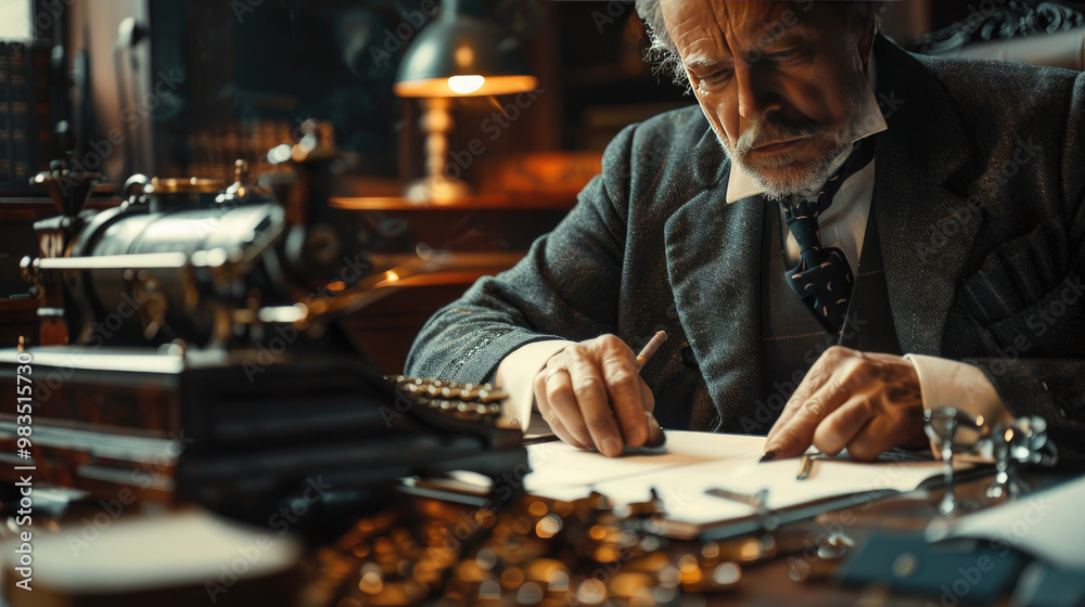 Vintage Scene of an Elderly Man Writing at a Desk with Antique ...