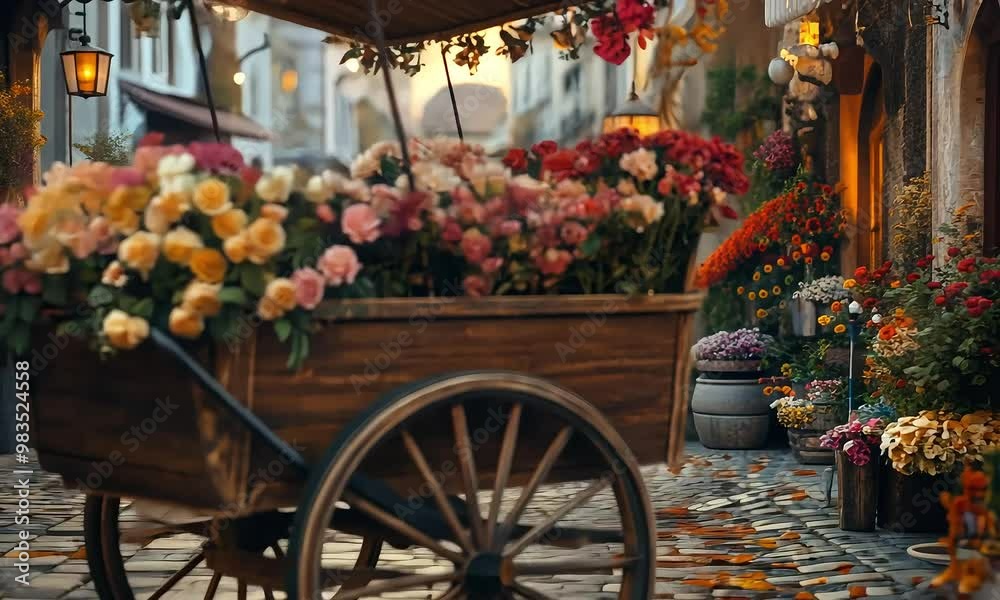 Flower cart in a charming cobblestone street with ai generated. Stock ...
