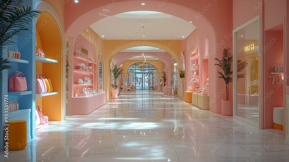 the Pastel storefront mall scene with boutique shops and a soft ...
