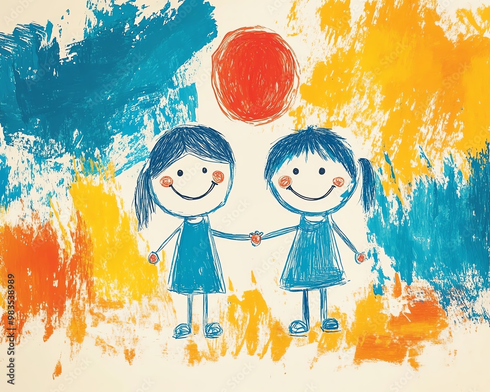 Childdrawn 2D cartoon of Asian toddlers holding hands, stick figures ...