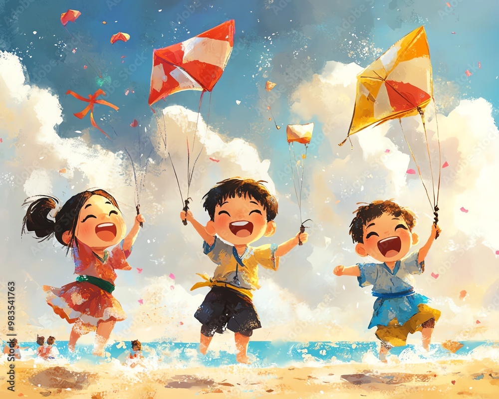 2D cartoon of Asian children flying kites at the beach, breezy sky ...