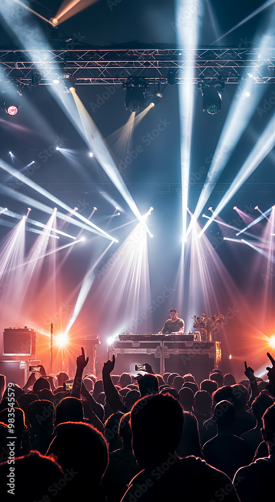 DJ on stage behind DJ mixer, crowd of people in front of him, stage ...