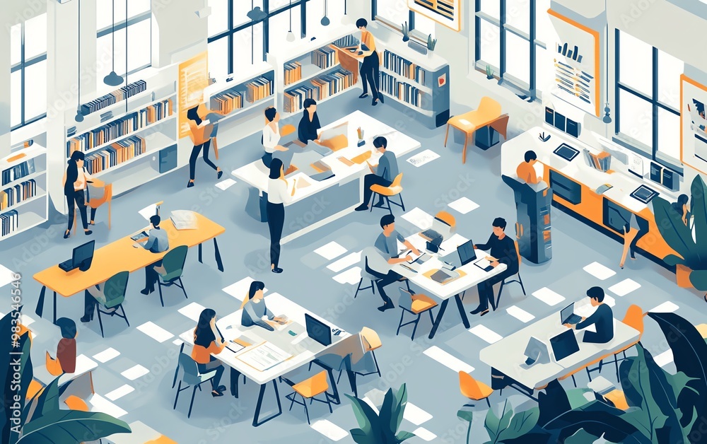 Creative learning scene featuring individuals using various educational ...