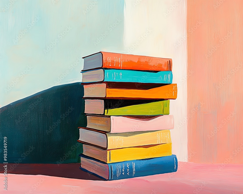 Modern depiction of a stack of books with colorful covers, set in a ...