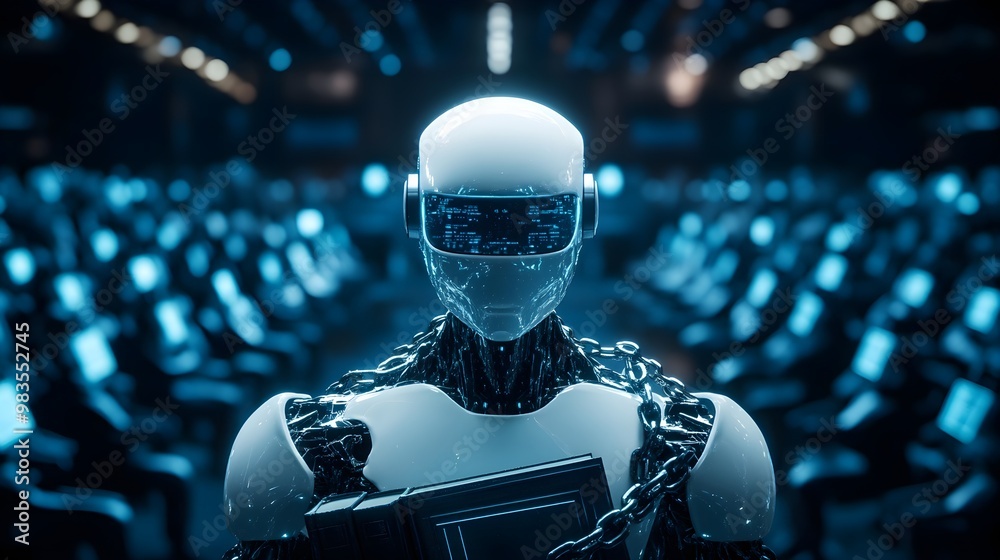 A robotic figure, bound in chains resembling ancient law books ...