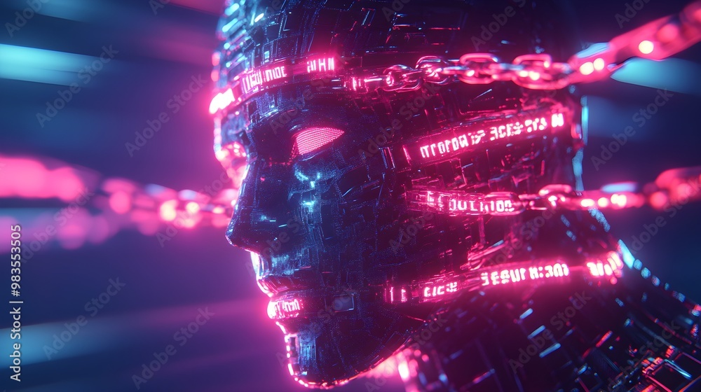 A robot with a human face, bound by glowing chains labeled with legal ...