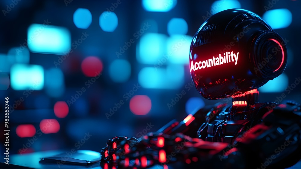A robotic AI figure with chains labeled "Accountability" around its ...