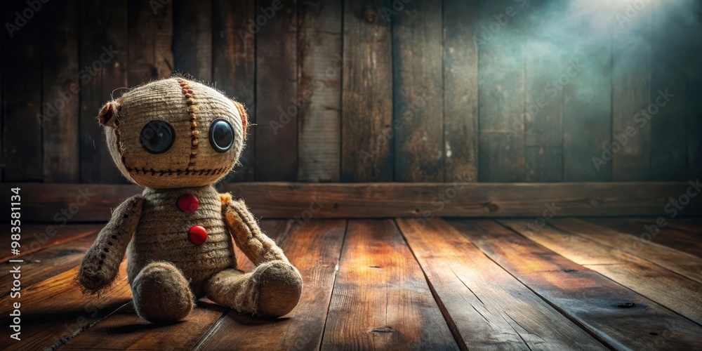 Creepy voodoo doll lying on eerie wooden floor in dimly lit room for ...