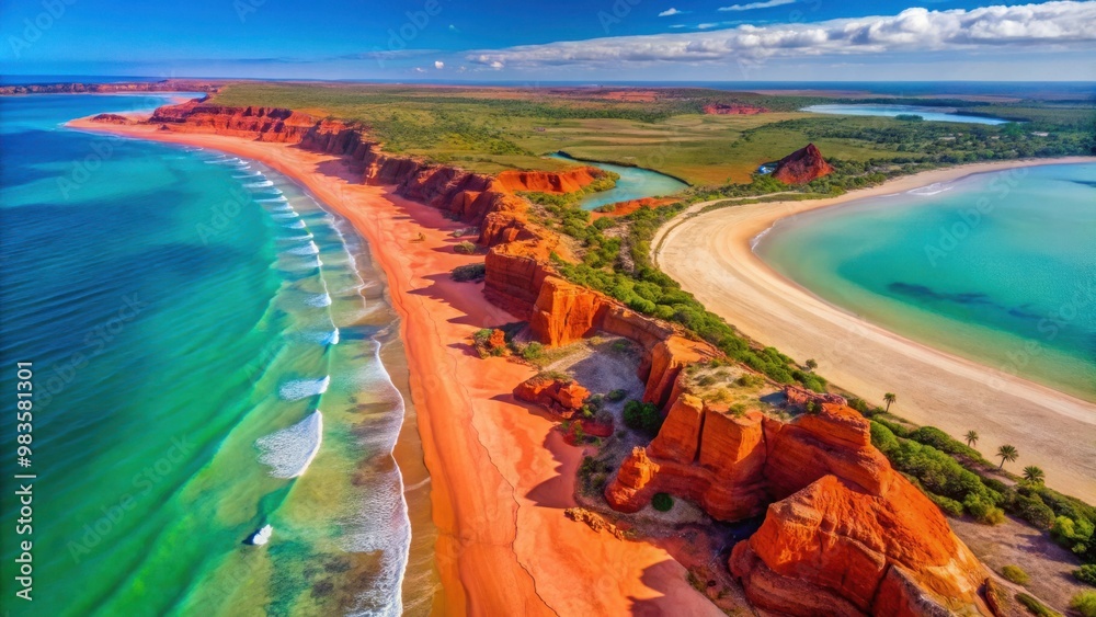 Aerial view of stunning Roebuck Bay in Broome with pink beach and red ...