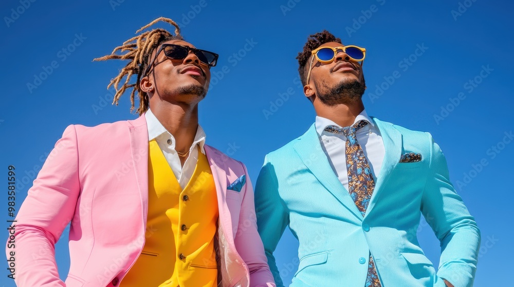 Two men stand confidently outdoors, dressed in vibrant pink and blue ...