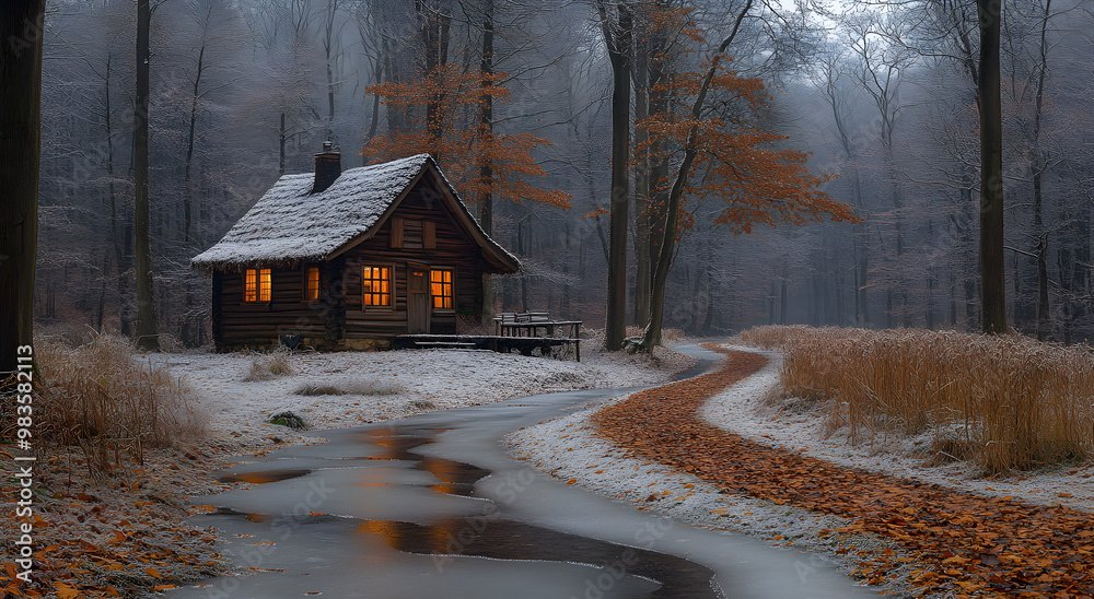 A Small Cabin in the Woods Covered with Snow and Ice with a Warm Glow ...