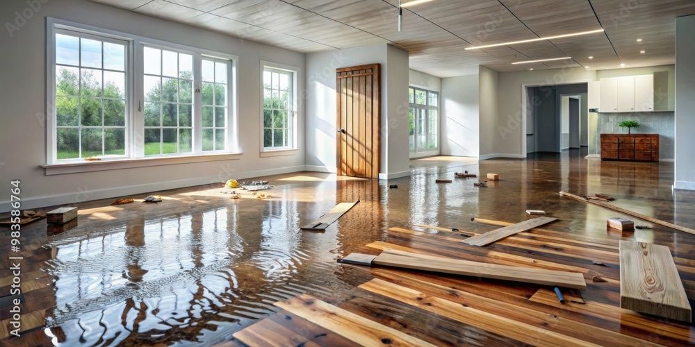 Flooded wooden floor house interior with water damage and floating ...