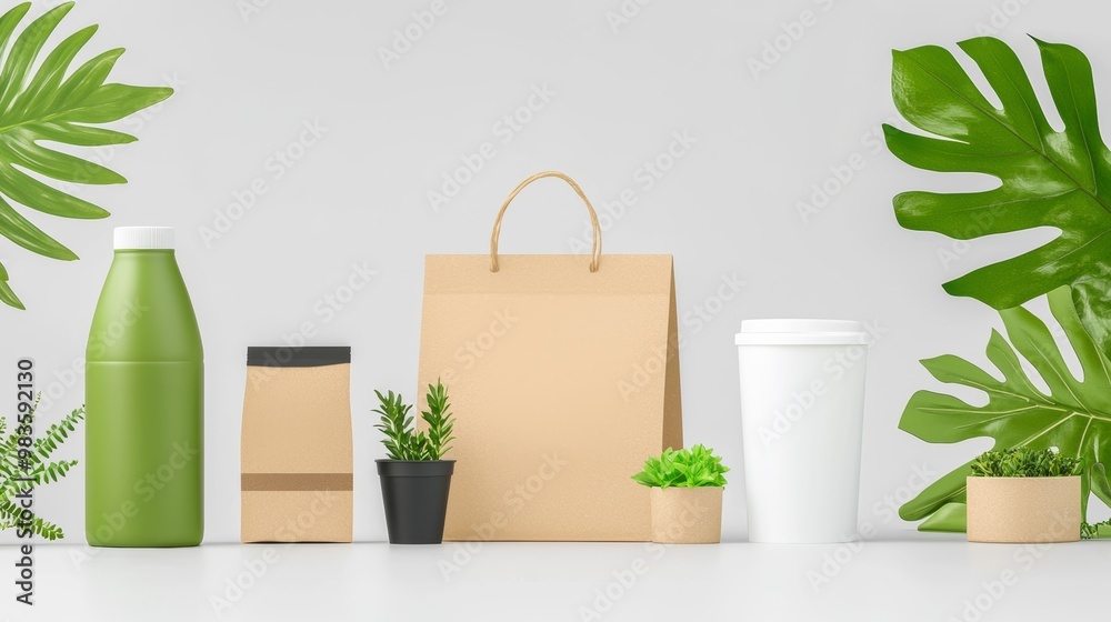 Eco-friendly packaging set with brown paper bags, cups, and bottles ...