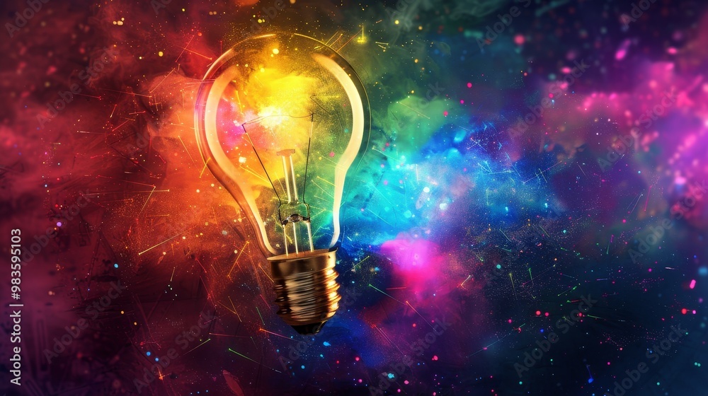 Artistic representation of a modern digital light bulb radiating ...