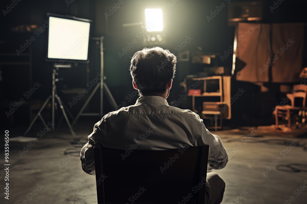 Behind the Scenes: A solitary figure sits in a director's chair, bathed ...
