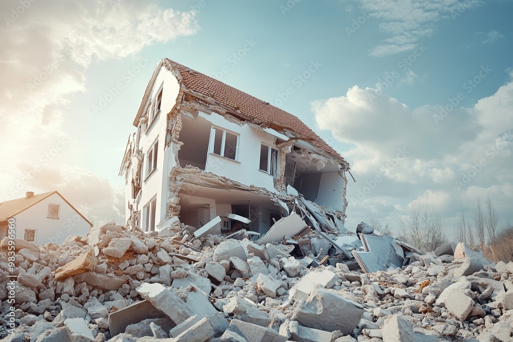 Ruins of a Dream: A shattered house, reduced to rubble, stands against ...