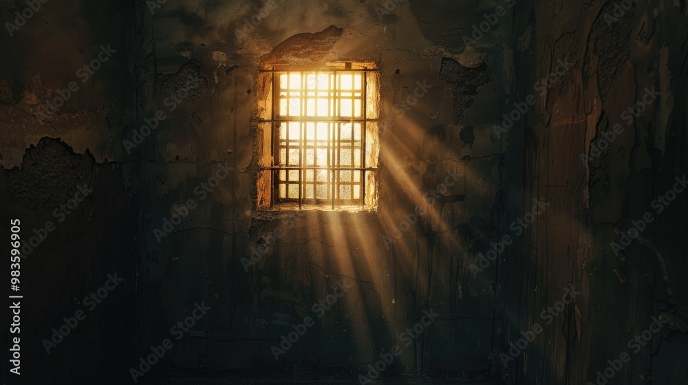 Faint illumination streaming through a barred window in a dimly lit prison cell with empty jail ...