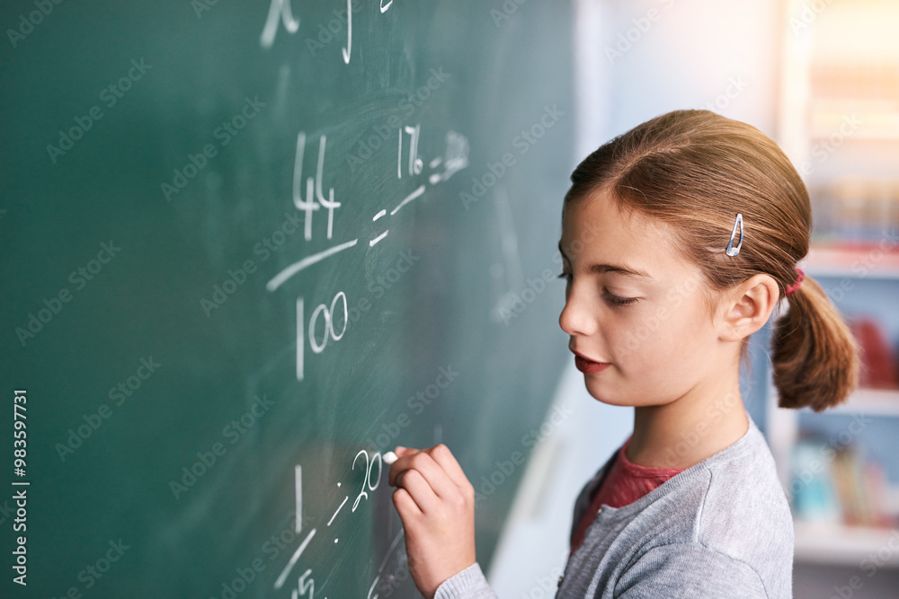 Little girl, writing and mathematics with chalkboard in classroom for ...