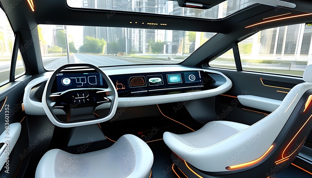 Futuristic autonomous vehicle cockpit featuring advanced digital ...