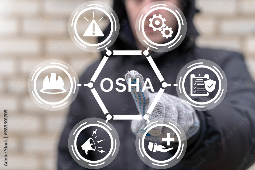 Man using virtual screen clicks text: OSHA. OSHA Occupational Safety Health Administration ...