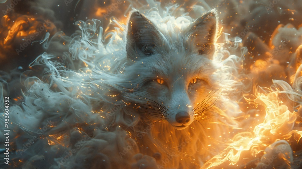 Myth of the Kitsune a mystical fox with nine tails ancient Japanese ...