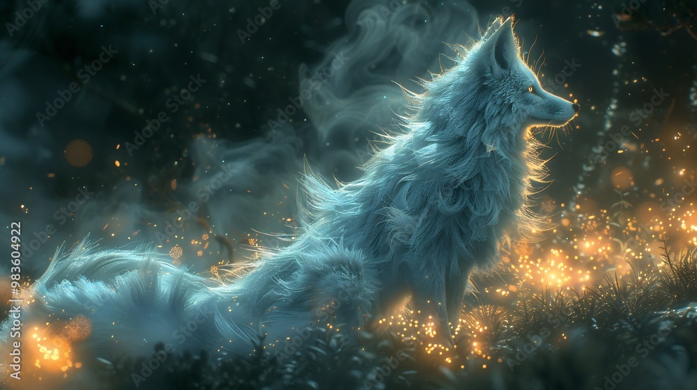 Myth of the Kitsune a mystical fox with nine tails ancient Japanese ...