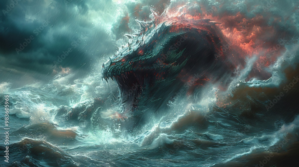 Myth of the Leviathan a massive sea monster lurking in the depths ancient biblical mythology ...