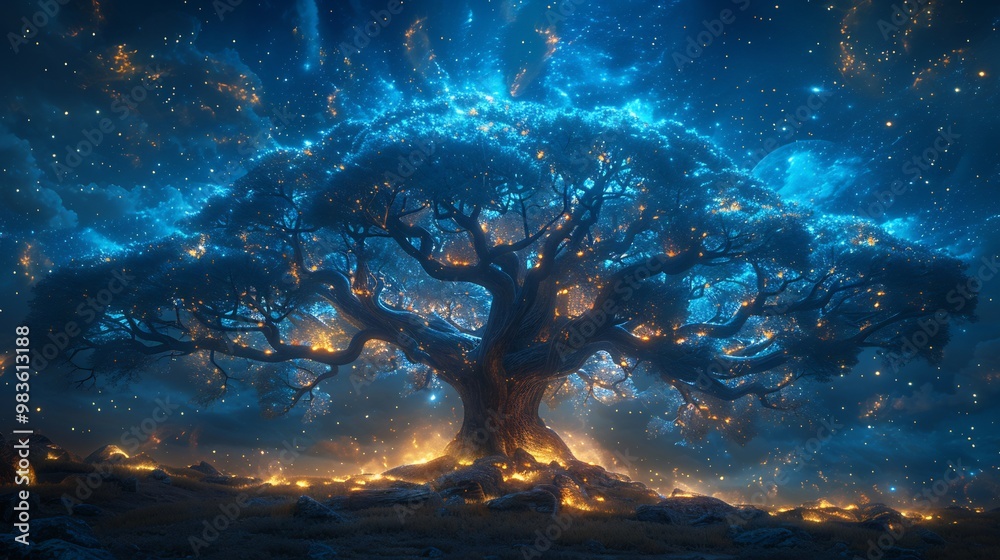 Yggdrasil Norse World Tree with roots reaching deep into the earth ...