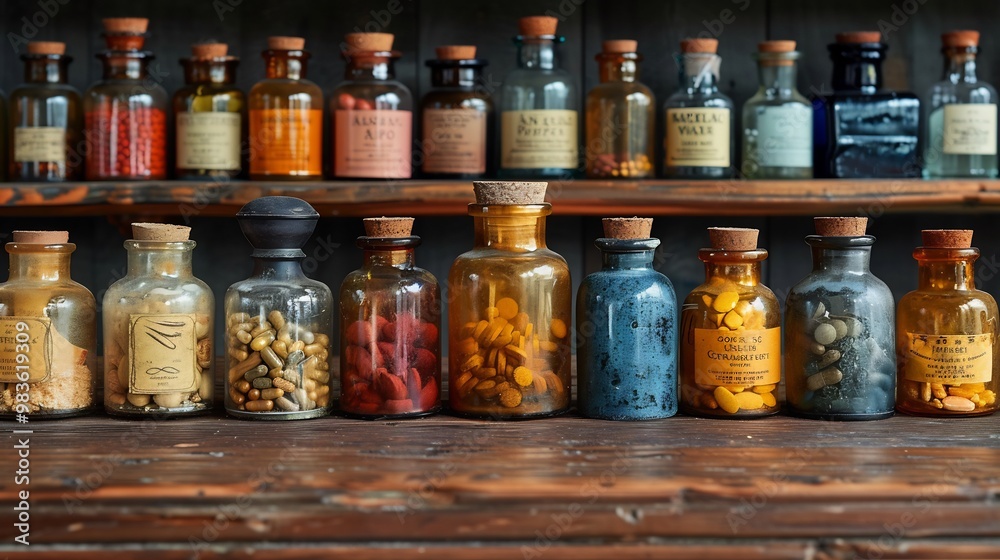Collection of antique glass apothecary jars next to modern plastic pill ...