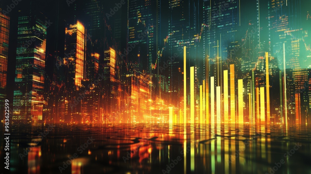 Stock market bar chart over a modern city business center highlighting ...