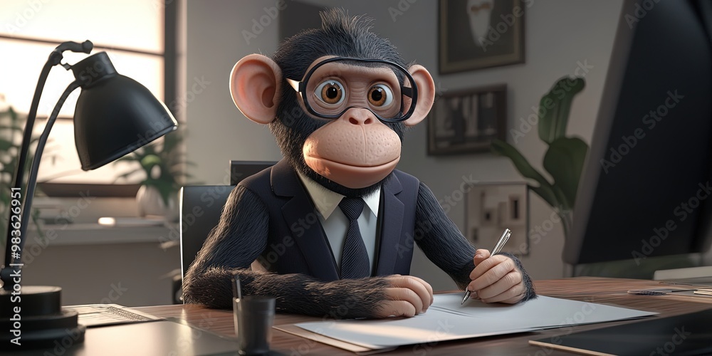 3D animated cartoon monkey executive wearing business suit working in ...
