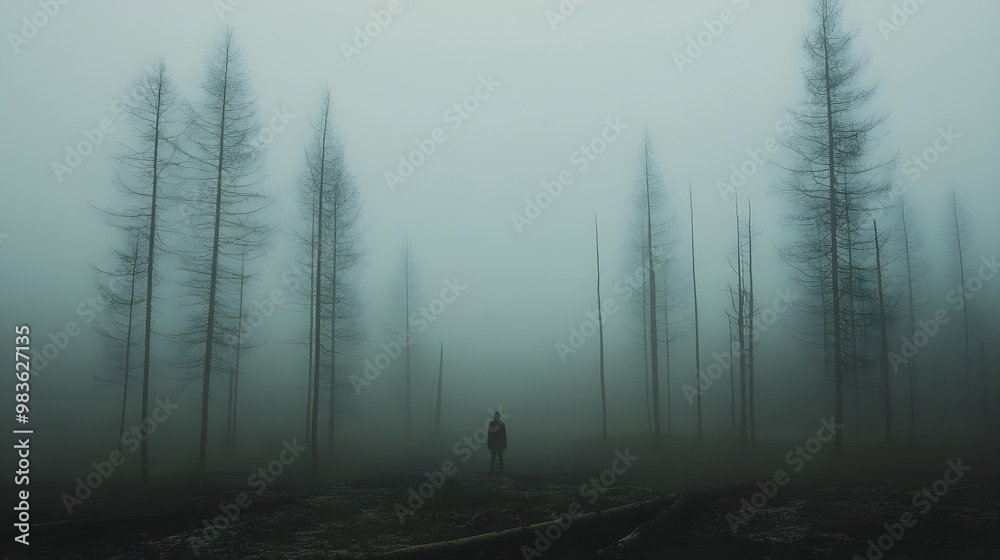 A solitary figure stands motionless in the middle of a misty, desolate ...