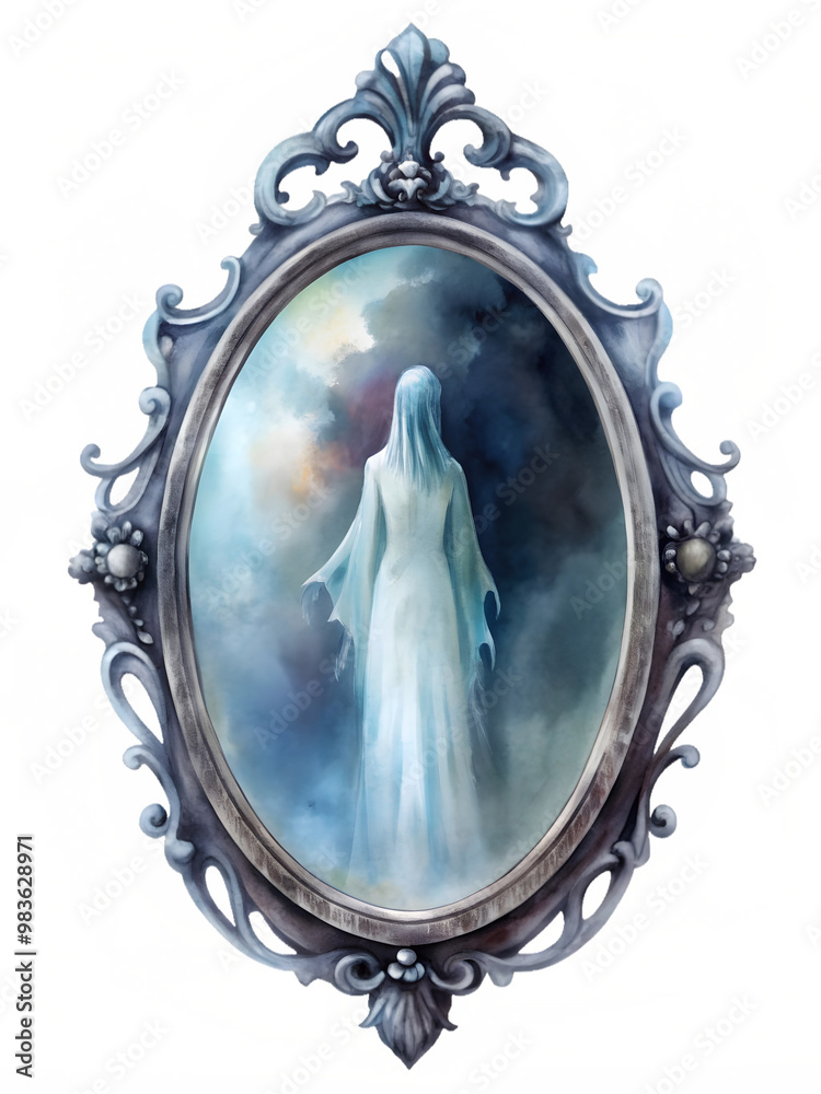 Watercolor clipart of a haunted mirror, a ghost figure in the mirror on ...