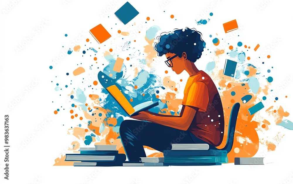 Illustration of a student using reading comprehension software with ...