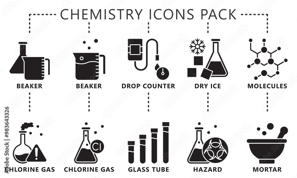 Chemistry glyph icon set, contain beaker, drop counter, chlorine, tube ...