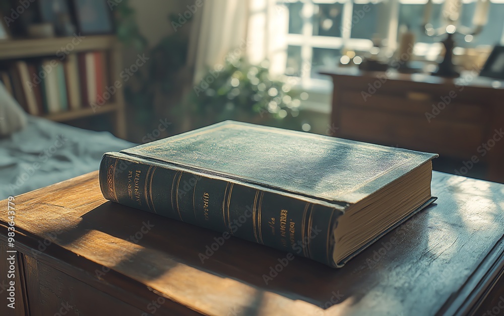 Realistic book on a table in a bedroom, captured in raw style, with ...