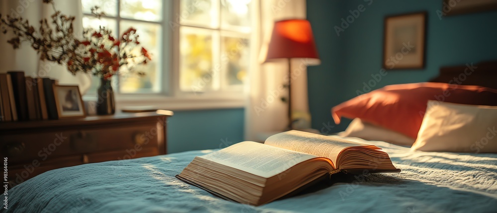 Book on a table in a bedroom, captured in a raw, realistic style ...