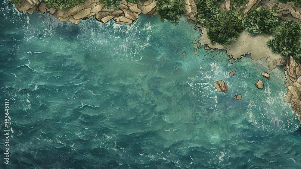 A detailed sea scenery map presenting a wide view of the sea. The map ...