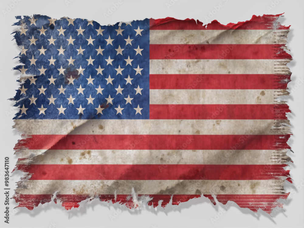 Tattered and worn, a frayed American flag with torn edges and faded ...