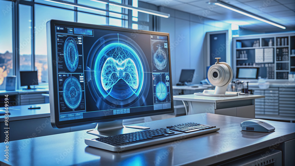 A sleek computer monitor displays a detailed medical scan, highlighting ...