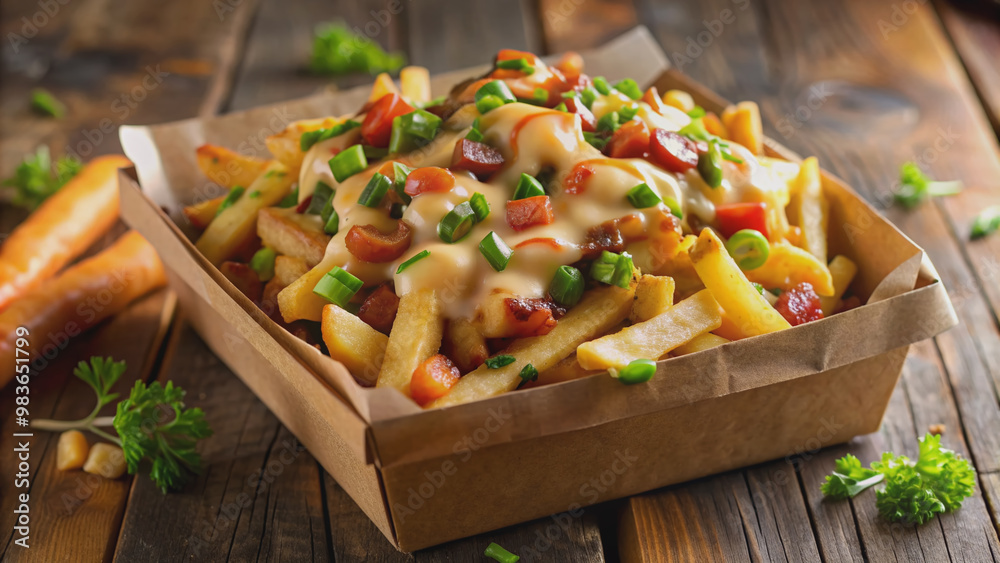 Hearty poutine overflowing industrial container in kraft paper box ...