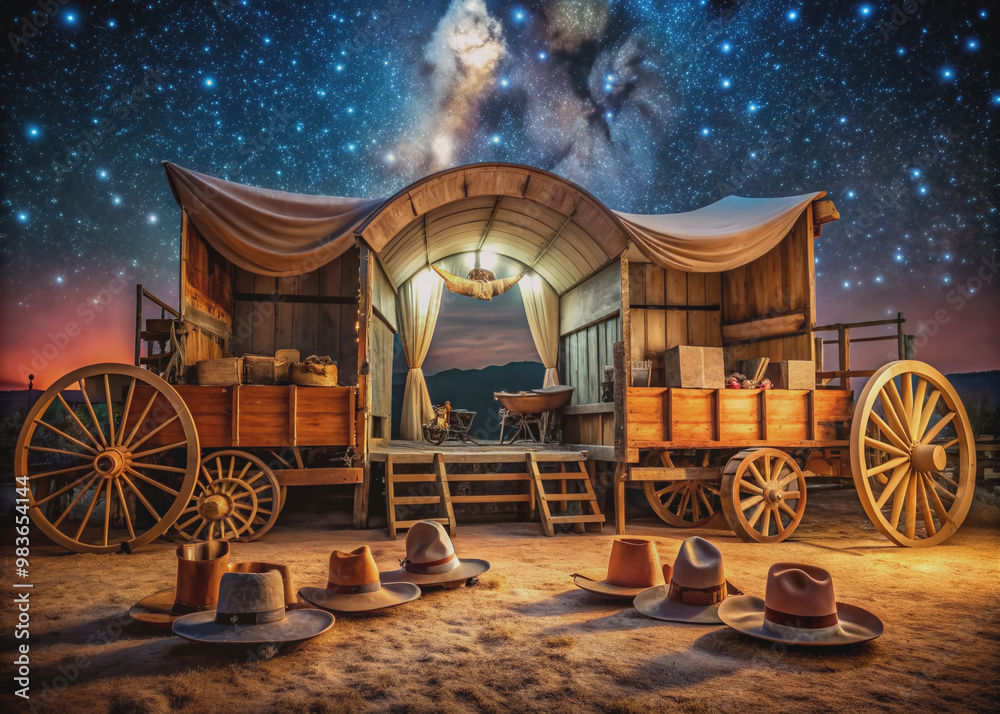 Rustic ranch stables and vintage wagons surround an empty stage at a ...