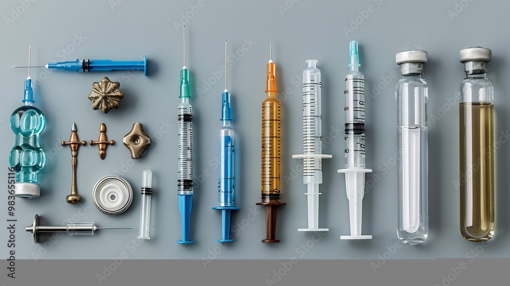 Set of antique glass syringes displayed next to modern disposable ones ...