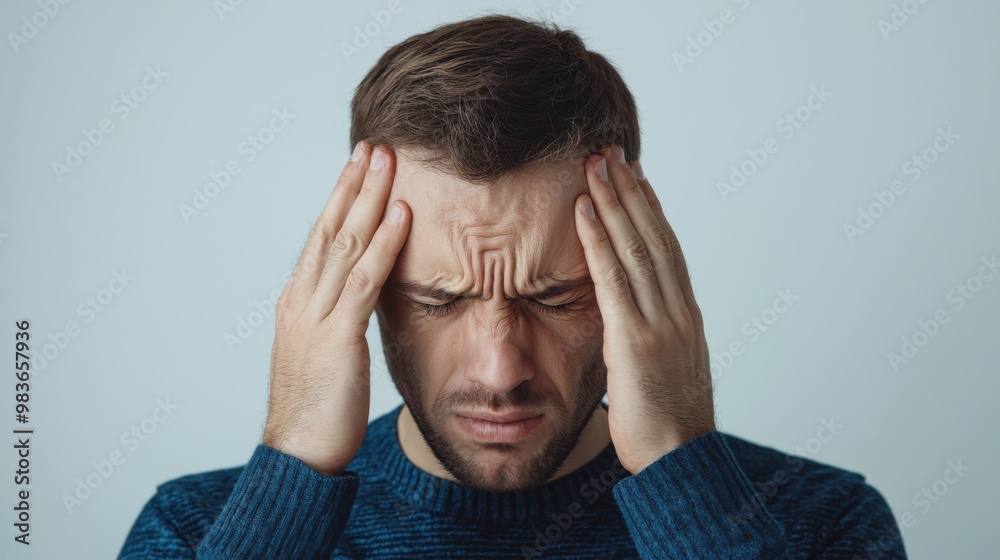 Person gripping their temple showing symptoms of a severe headache ...